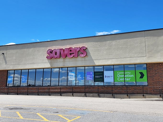 Savers' bright purple sign pops against the blue sky, like a beacon calling all treasure hunters to this Worcester thrifting paradise.