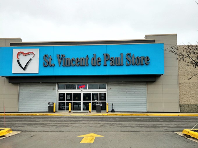 The bold blue banner announces this thrift haven like a beacon for bargain hunters everywhere.