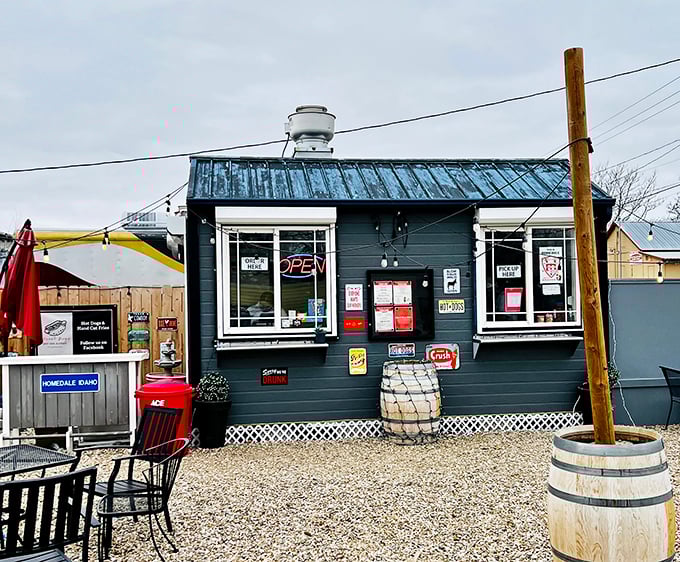 Street Dogs' cozy black shack proves great things come in small packages. That service window is a portal to hot dog heaven!