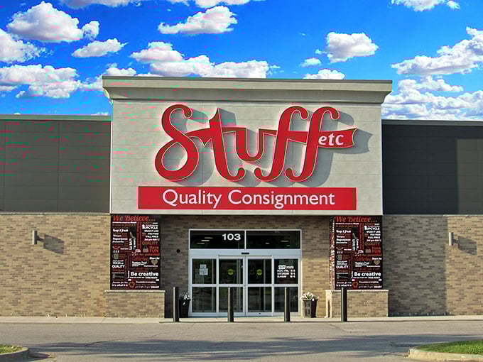 Stuff Etc's bold red sign against the clear blue sky&mdash;where "Quality Consignment" isn't just a tagline, it's a solemn promise.
