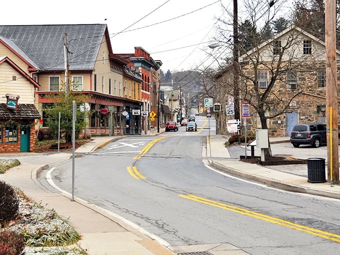 Sykesville's Main Street curves along like a rainbow, with buildings painted in cheerful colors that make every day feel sunny.