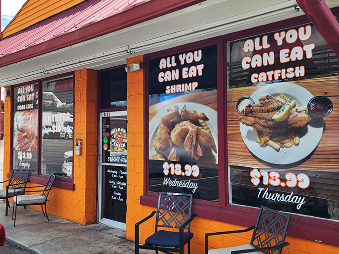 The Crab Shack (storefront): "All-you-can-eat paradise! The Crab Shack's vibrant orange exterior is like a beacon calling to hungry seafood lovers everywhere."