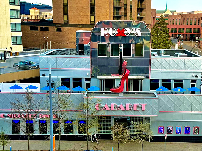 The Nicollet's striking blue exterior and red shoe sign make it Minneapolis's answer to the question, "Where can I get waffles at 3 AM?"