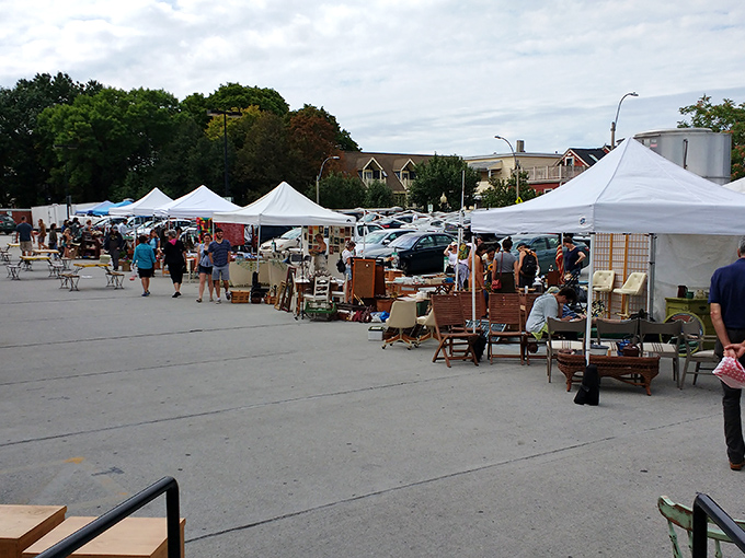 White tents line up like a suburban army, each one hiding potential goldmines for the savvy shopper.