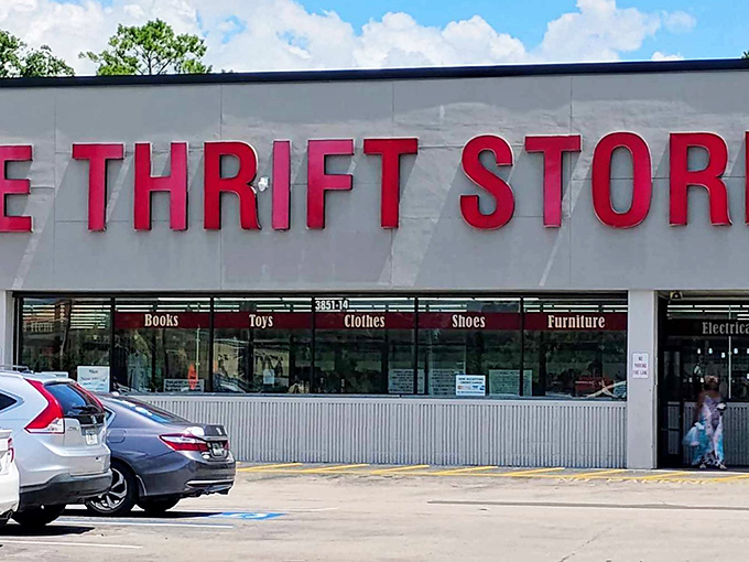 The red letters spell out every thrifter's favorite destination - where books, toys, clothes and furniture create shopping magic.