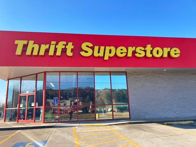 Red lettering against white walls - the classic combination that signals serious thrift store business ahead.