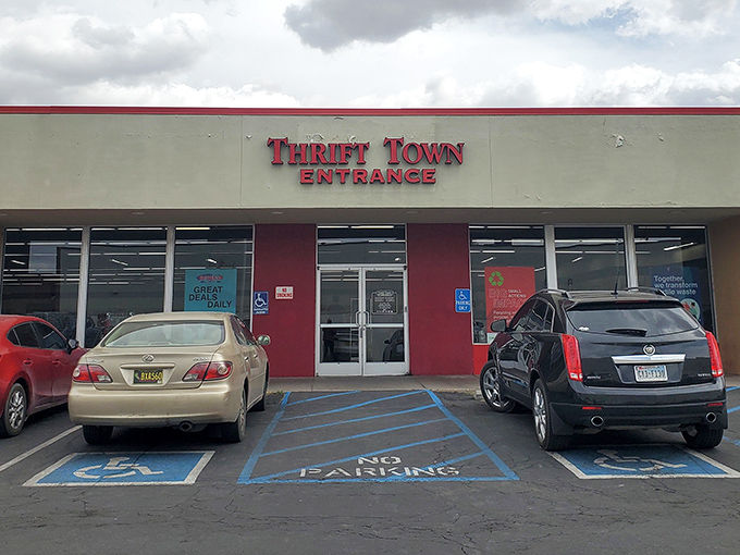 Thrift Town's bold red entrance says it all: prepare for serious treasure hunting. Like an archaeological dig, but with better lighting!
