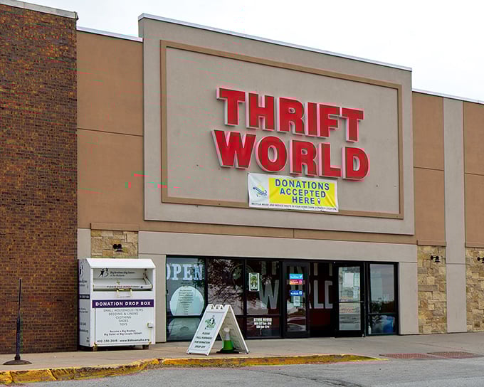 Thrift World's bold red signage stands out like a beacon for bargain hunters in La Vista.