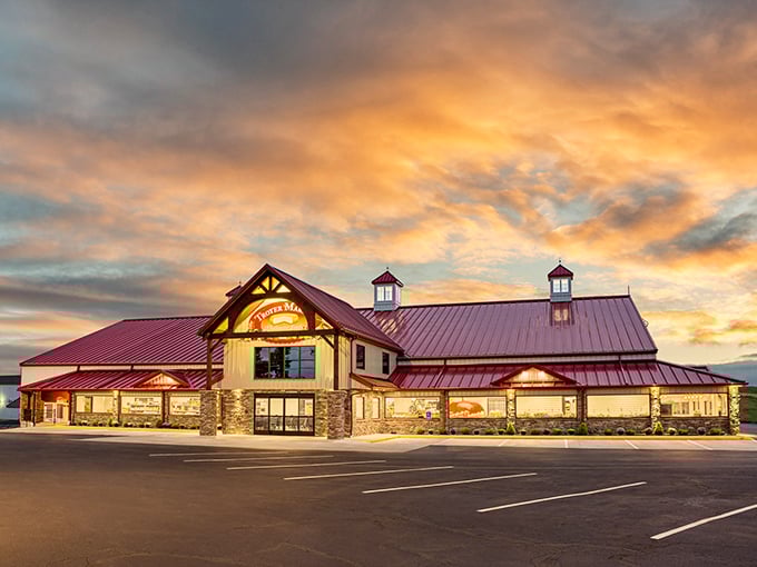 That sunset glow makes Troyer Market look like it's been blessed by the food gods themselves, and honestly, it has.