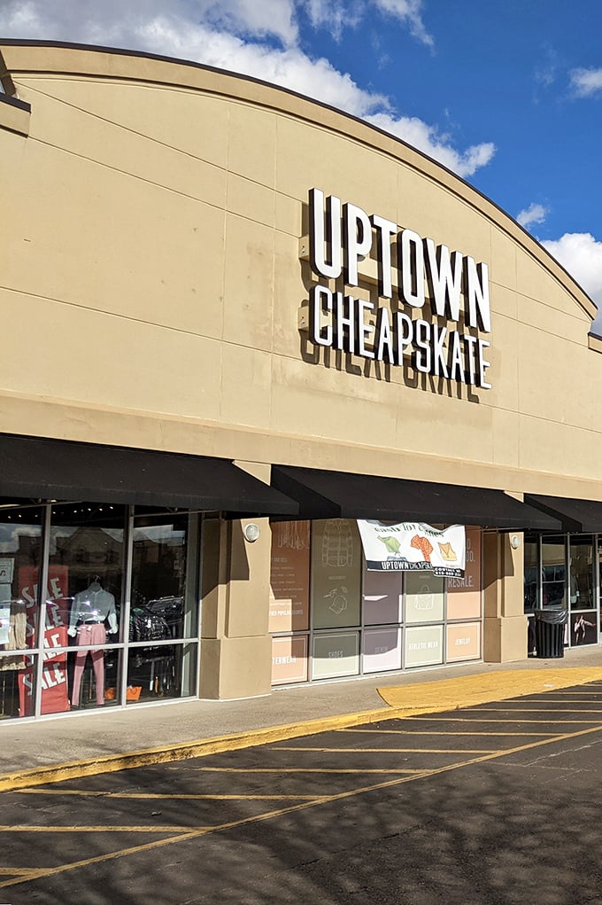 Uptown Cheapskate's modern storefront looks more like a trendy boutique than your typical thrift shop.