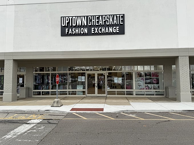 Uptown Cheapskate's modern storefront whispers "come find your next favorite outfit" in the most stylish way possible.