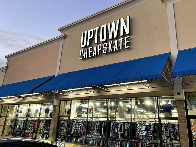 Uptown Cheapskate's bold signage promises fashion finds without the financial freefall.