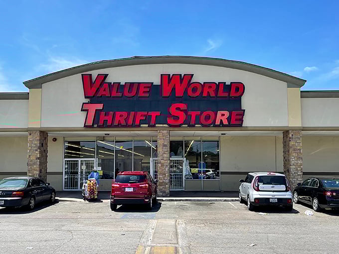 Value World's bold red signage stands out like a beacon for budget-conscious shoppers. Inside awaits a labyrinth of potential fashion finds.