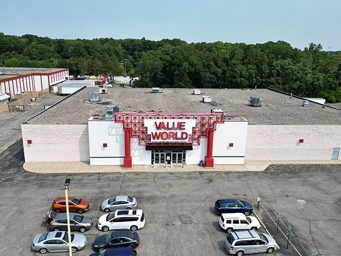From above, this thrift wonderland looks like a retail aircraft carrier ready for treasure-hunting missions across Michigan.