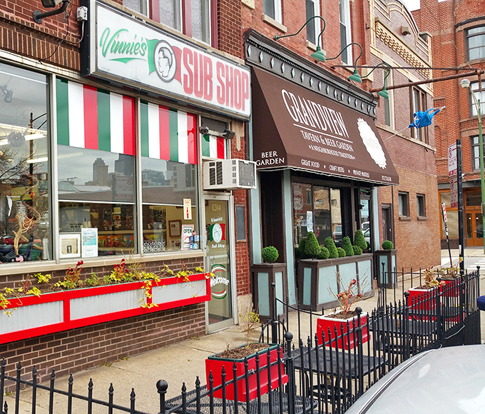 Italian pride on full display! Vinnie's classic red, white, and green awning is like a beacon for sandwich lovers.