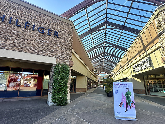 Covered walkways and uncovered savings! Woodburn's elegant shopping corridor feels like a European arcade, minus the euro-sized prices.