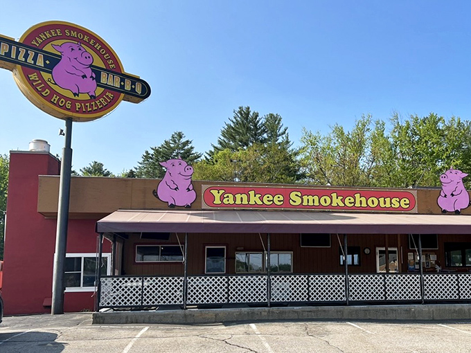 Yankee Smokehouse's pink pig mascot is like a BBQ bat signal for hungry travelers. Follow the aroma to BBQ nirvana!