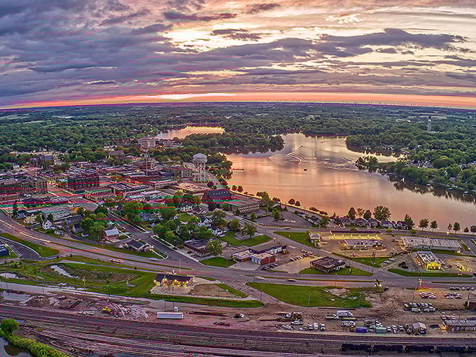 Sunset paints Albert Lea's connected lakes in golden hues, proving the best things in life&mdash;like these views&mdash;can be surprisingly affordable.