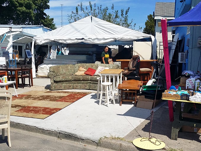 Under white tents, furniture finds its second chance at life in someone's perfect living room.