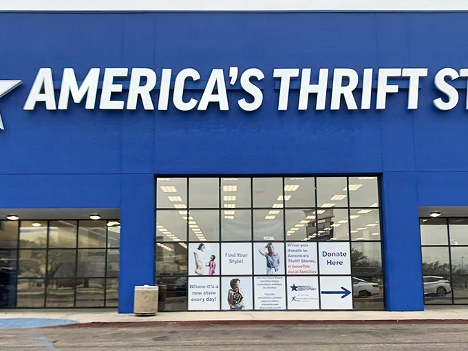 America's Thrift Stores' bright blue facade promises big finds inside - like a beacon for bargain hunters everywhere.