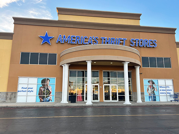 That blue star beckons bargain hunters from the road, promising racks of treasures at prices that seem too good.