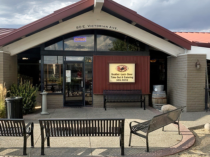 The welcoming entrance of BJ's Barbecue in Sparks &ndash; where smoke signals say "come hungry, leave happy."