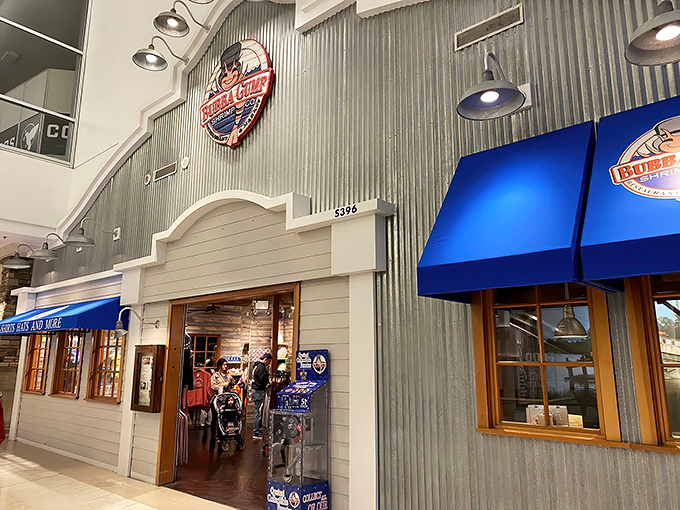 The corrugated metal walls and fishing gear make you forget you're in a mall instead of a Gulf Coast shack.