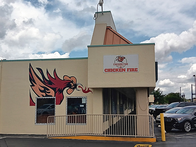 That rooster mural isn't just decoration - it's a promise of the crispy goodness waiting inside.