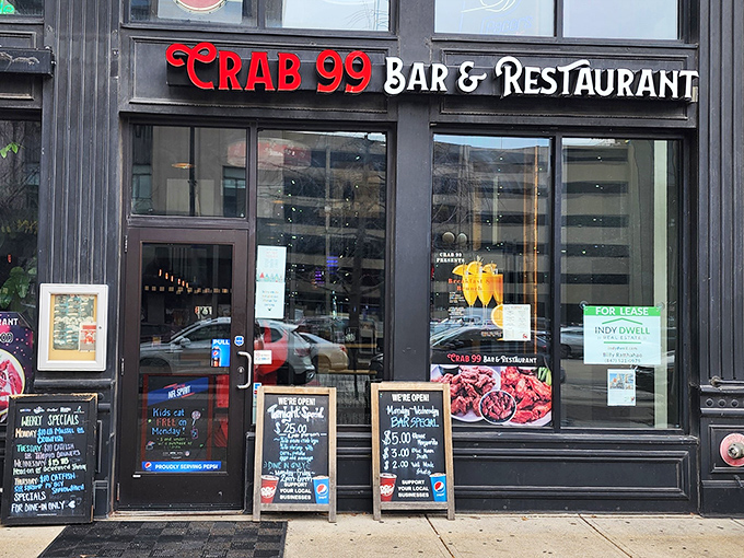 Downtown dining with a splash of the sea &ndash; Crab 99's storefront promises seafood feasts that'll make you forget you're in Indiana.