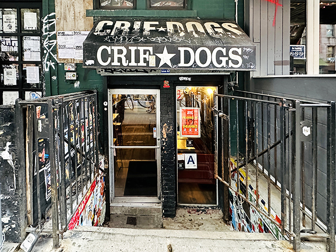 The weathered entrance promises underground adventures where creativity meets classic American comfort food perfectly.