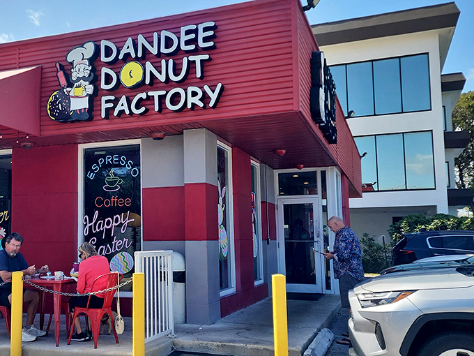 The chef mascot promises what every Floridian needs: a perfect espresso and donut combo to fuel another day in paradise.