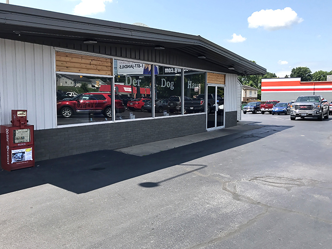 Der Dog Haus keeps things straightforward and classic&mdash;no frills, just good food waiting behind those glass windows.