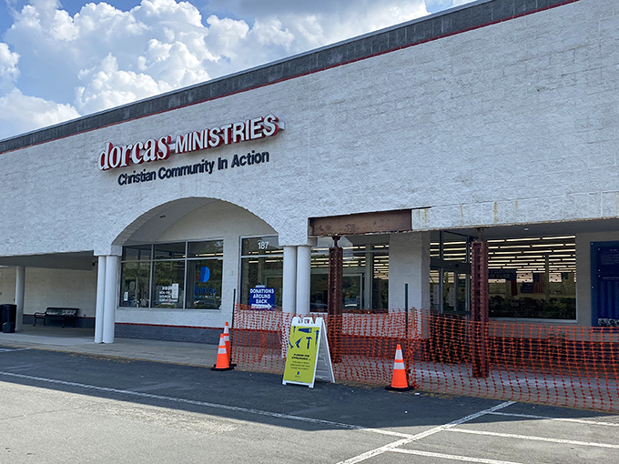 The welcoming arch of Dorcas Thrift Shop invites bargain hunters inside. Even with construction outside, the deals inside are fully intact!