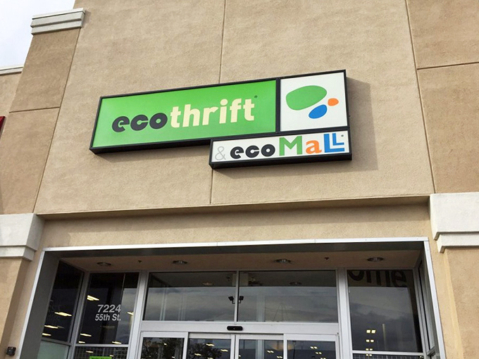 The entrance to Eco Thrift's treasure trove awaits. That bold green signage is like a beacon for budget-conscious shoppers with environmental consciences.