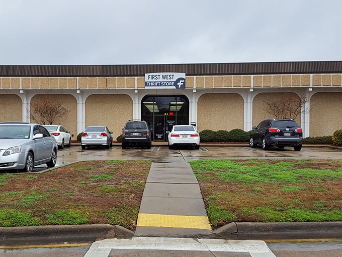 Rain or shine, First West Thrift Store welcomes bargain hunters with its distinctive arched entryway and well-maintained grounds.