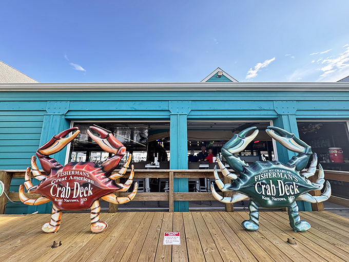 Fisherman's Crab Deck: Turquoise building, blue skies, and even bluer crabs waiting inside. Some color combinations just work perfectly together.