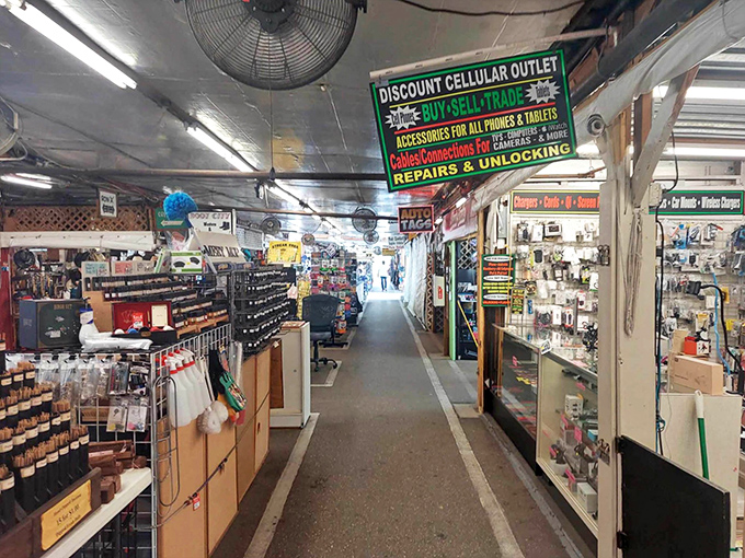 Fleamasters Fleamarket's indoor maze of merchandise &ndash; where cell phone repair meets collectibles in air-conditioned comfort.
