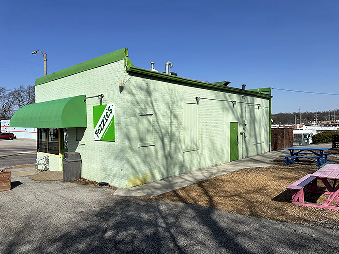 That lime-bright exterior practically shouts "fresh ingredients and bold flavors live here, folks!"