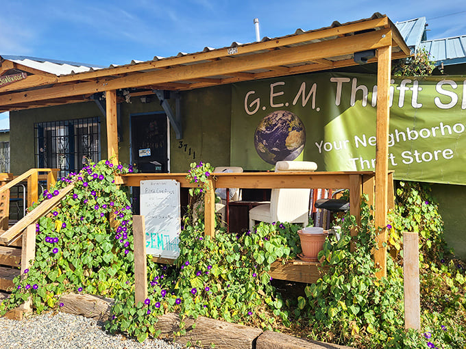 Morning glory vines climb the porch railing like nature's welcome committee at this charming neighborhood thrift shop. Treasures await inside!