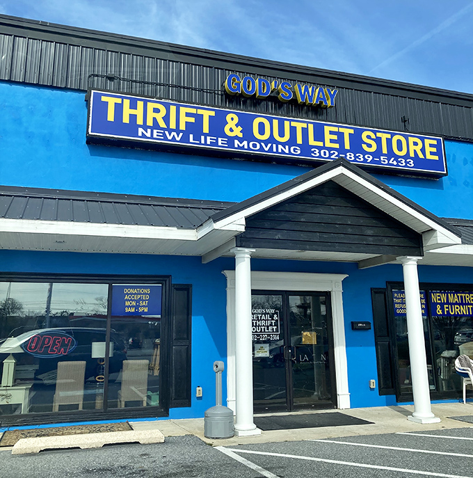 The welcoming entrance to God's Way Thrift Store promises treasures beyond the blue doors. Second chances for furniture and shoppers alike.