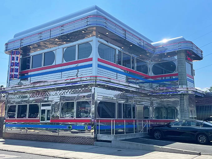 That gleaming stainless steel exterior isn't just for show - it's a beacon for breakfast lovers.