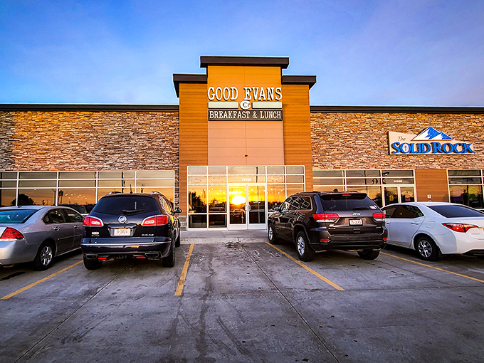 Sunset casts a golden glow on Good Evans, where tomorrow's breakfast memories are just waiting to be made.