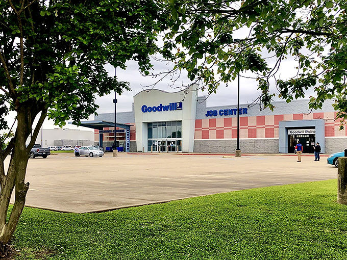 A tree frames this Shreveport Goodwill like a painting. The checkerboard facade hints at the organized treasures within.