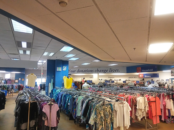 The indoor landscape of Goodwill Outlet&mdash;where one person's castoffs become another's conversation pieces. Treasure hunting at its finest!