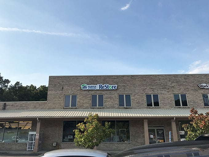 Sunlight plays across the ReStore's entrance, beckoning bargain hunters and home improvers alike to step inside.
