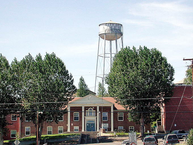 The classic water tower stands sentinel over this timber town like a friendly neighborhood giant.