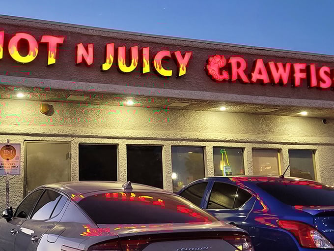 When the Hot N Juicy sign glows red at night, it's like a beacon calling all crawfish enthusiasts home.