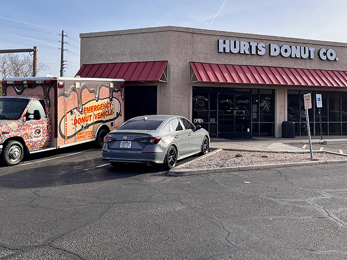 The "Emergency Donut Vehicle" stands ready for sugar crises. Like a first responder for your sweet tooth, Hurts delivers!