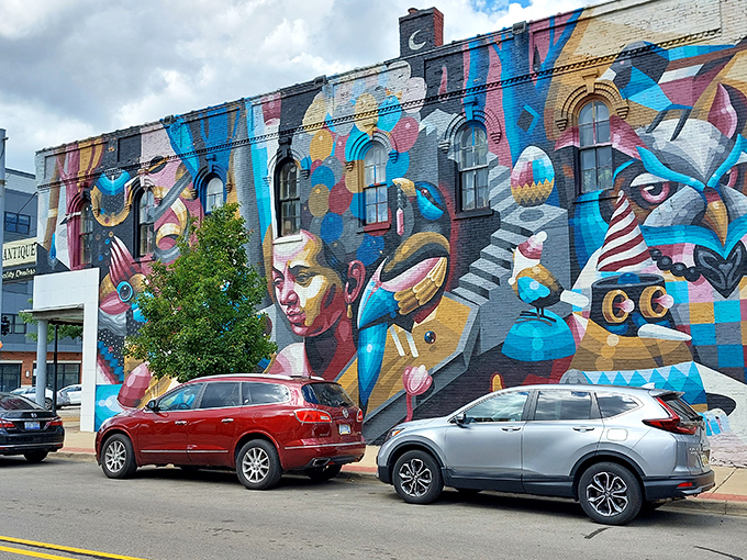 The mural's vibrant colors and whimsical designs perfectly telegraph the creative chaos of treasures you'll discover within.