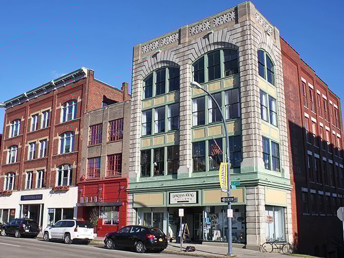 The colorful storefronts of Jamestown offer affordable shopping in a setting that feels like a time capsule of Americana.